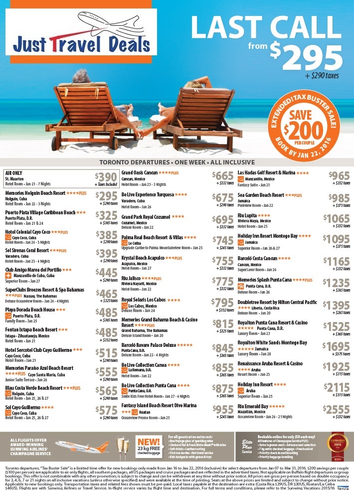 Last Call - Vacation Deals from $295 - Toronto departures